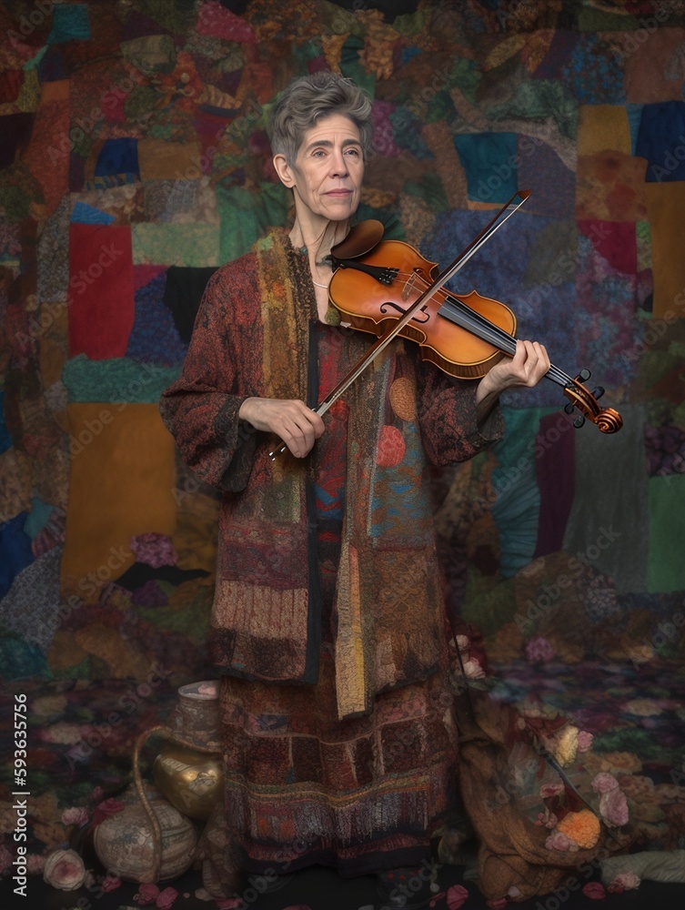 Elderly person playing violin posing alone on colorful background ...