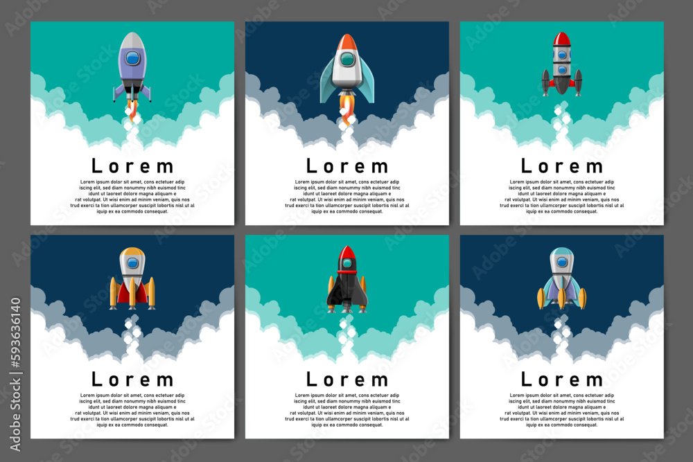 Cartoon vector illustration Rocket launch isolated images set banner ...