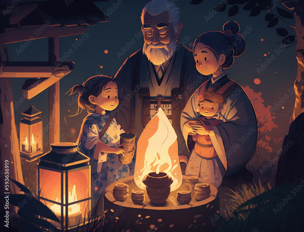An Illustration of A Family Celebrating Obon in Japan, with Lanterns ...