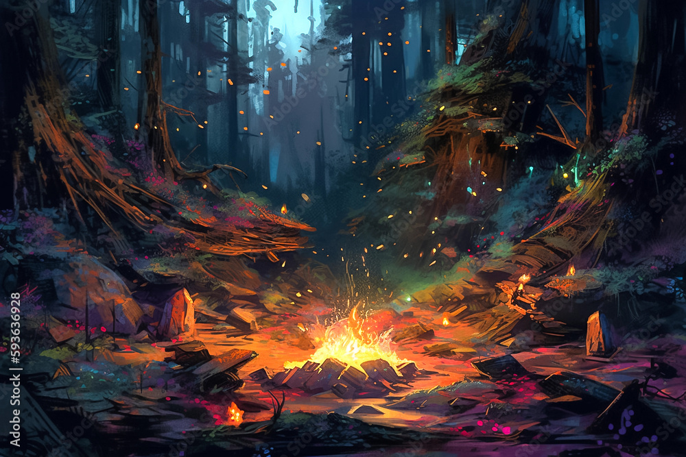 Digital painting of a fantasy forest with a bonfire in the foreground ...