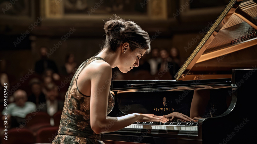 Beautiful concentrated woman pianist doing a piano concert in the ...