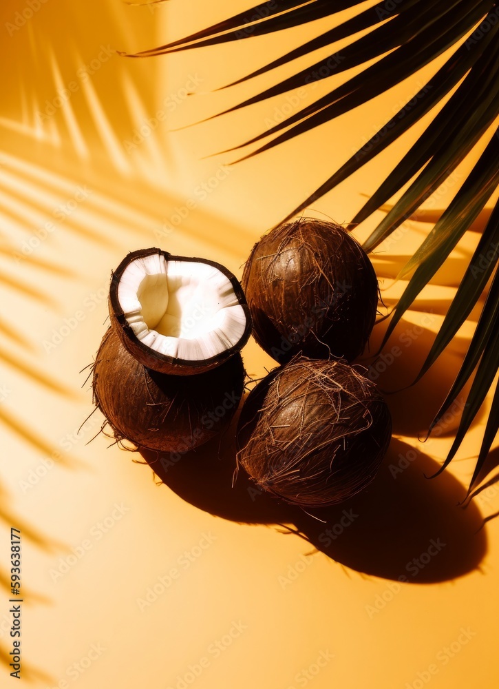 A vibrant snapshot aesthetic image of coconuts and palm leaves on a ...