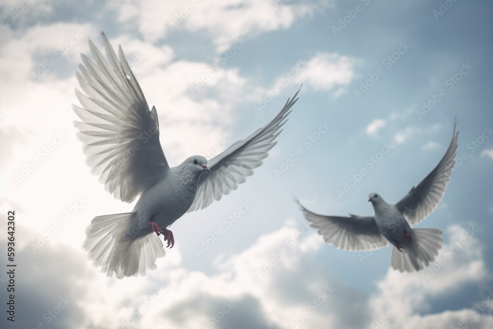 two birds flying in sky and symbol of peace dove. Generative AI Stock ...
