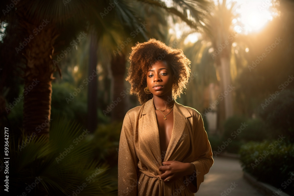 Waist up portrait of a young black model woman, with afro hairstyle ...
