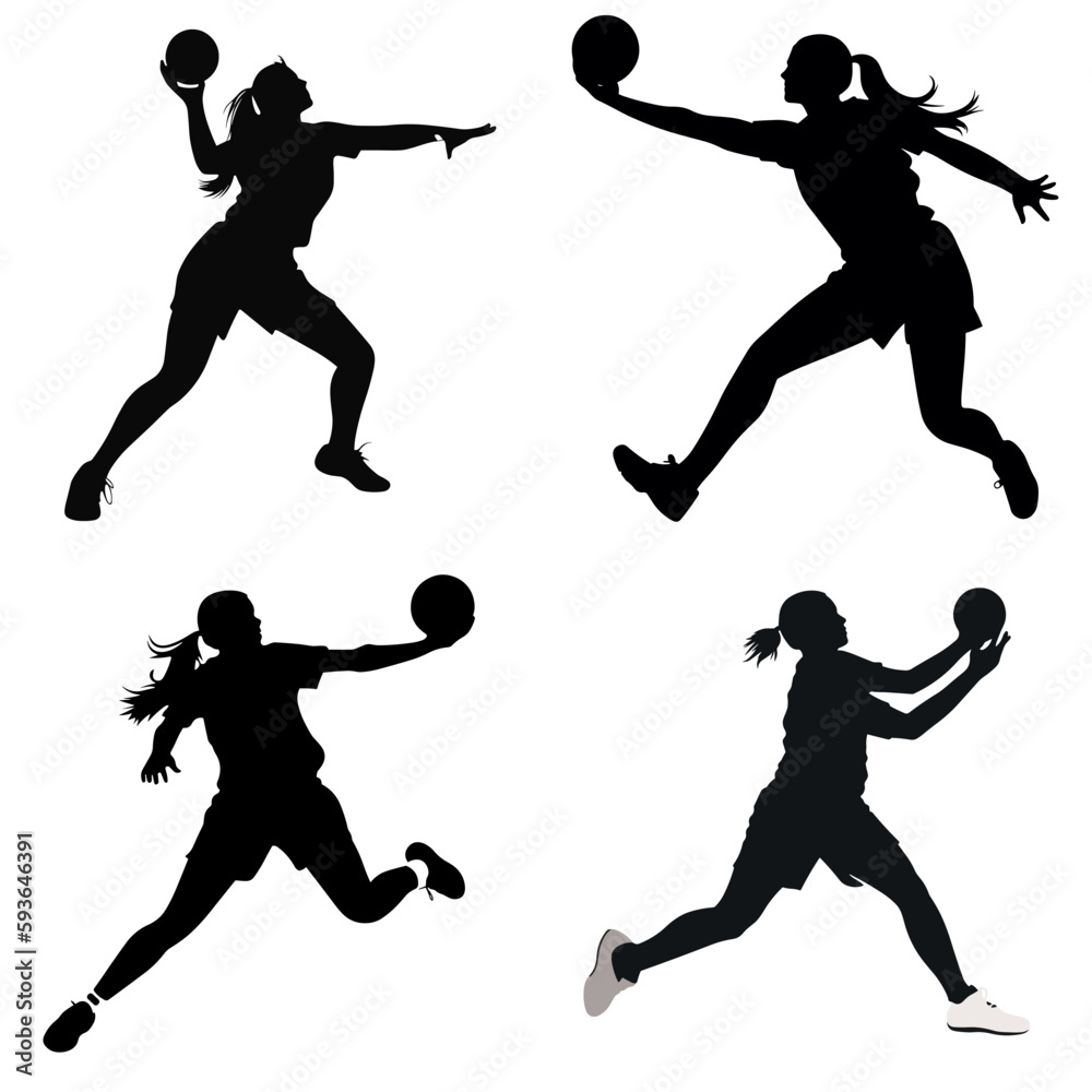Set of silhouette of women handball player. Side profile. Vector ...