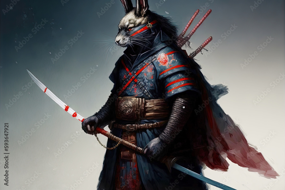 Rabbit samurai in traditional drawing style. Japanese styled art with ...