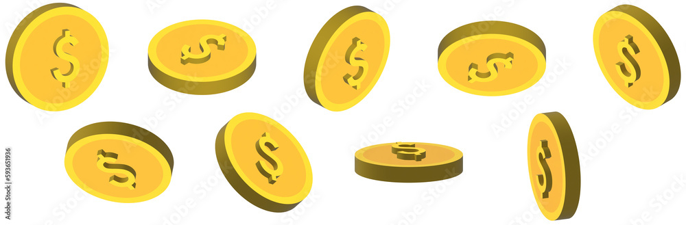 3D gold coin with different angles.rotating coin. set of coins in ...