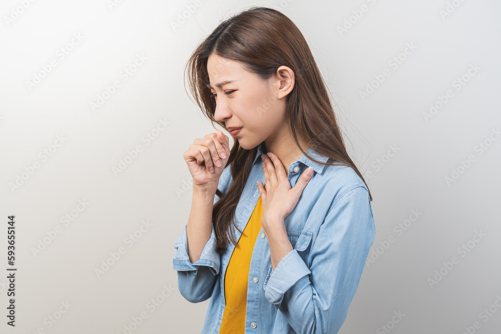 Female Unhealthy Sickness Asian Young Woman Girl Unwell And Coughing