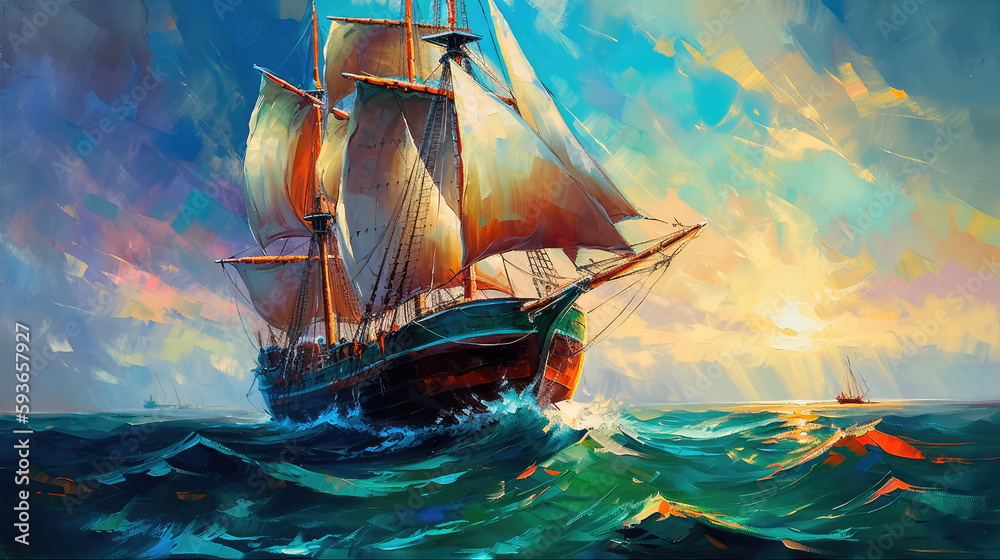 Large ship sailing the ocean, oil painting art . Generative AI Stock ...