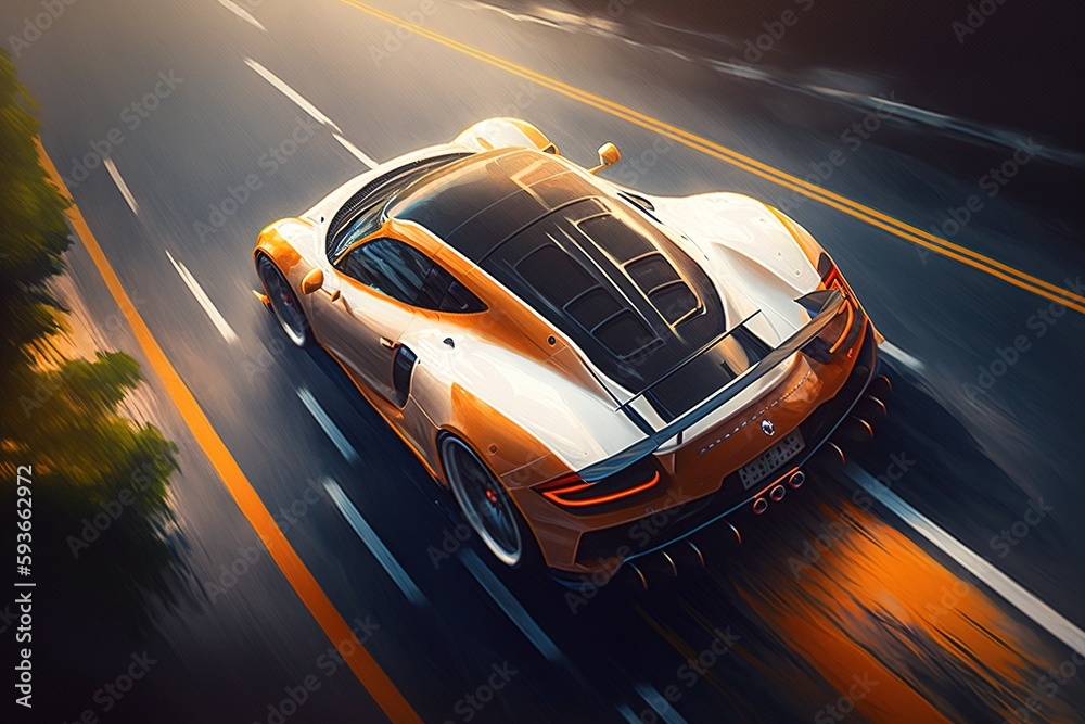 Sports car riding on highway road. Car in fast motion. Fast-moving car ...