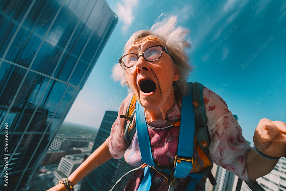 Base jumper woman grandmother pensioner active old age bungee jumping ...