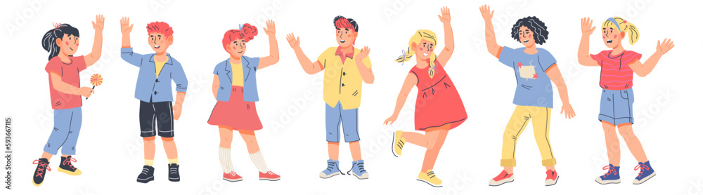 Happy children greeting each other. Cheerful smiling kids characters ...