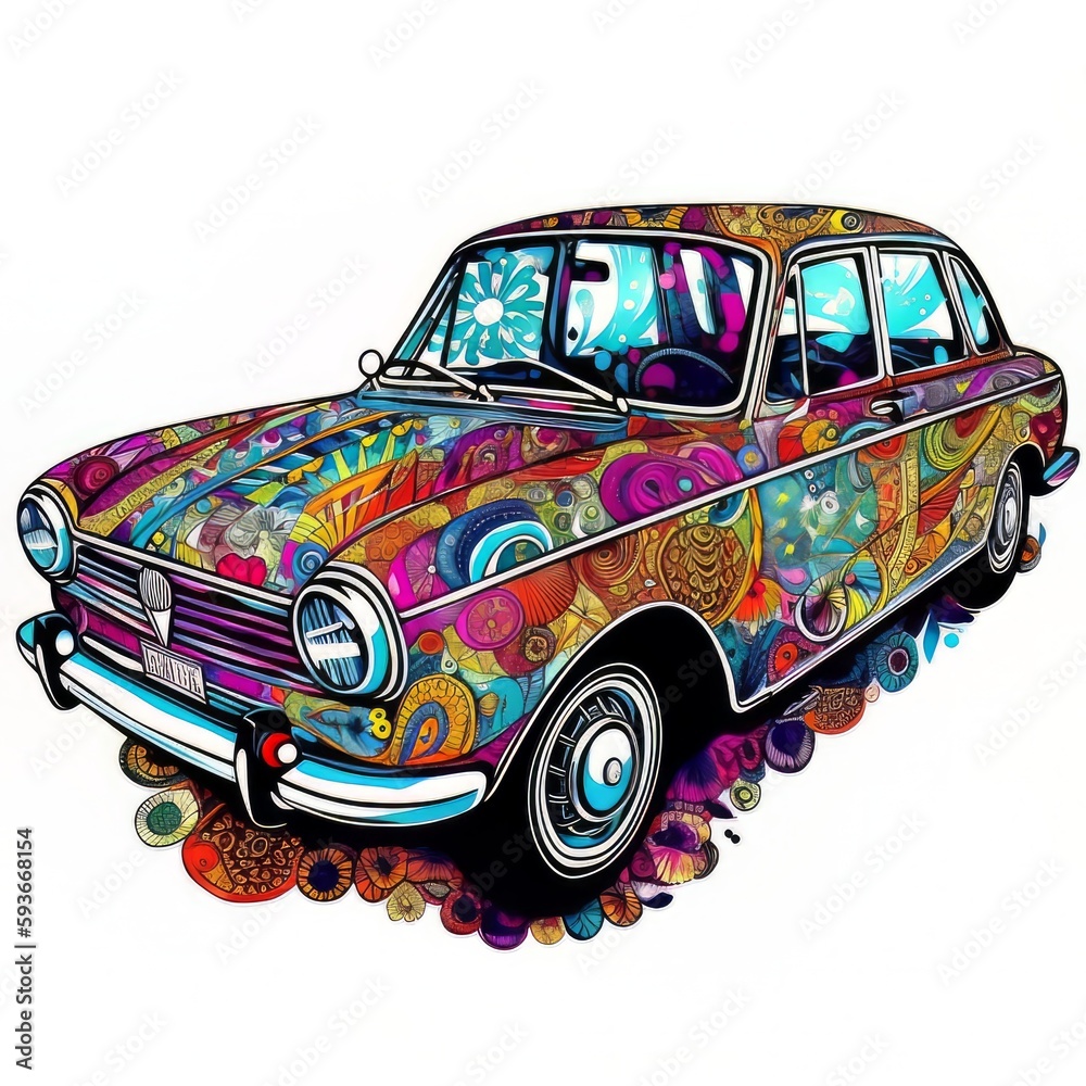 Psychedelic car isolated on white background, colorful Vehicle art ...