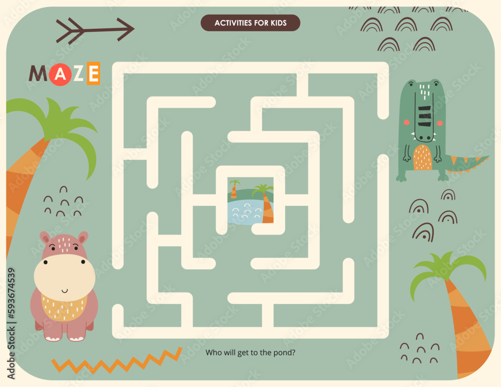 Cute Animals Maze game for children. Who will get to the pond. Hippo or ...