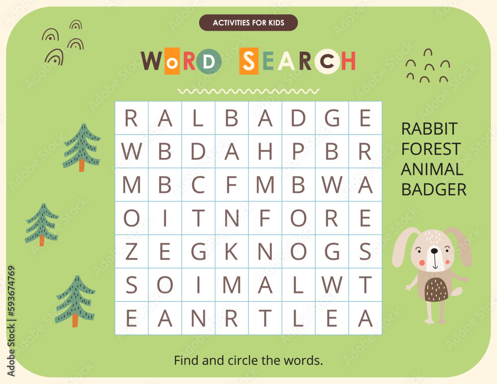 Cute Animals activities for kids. Word search game. Find the hidden ...
