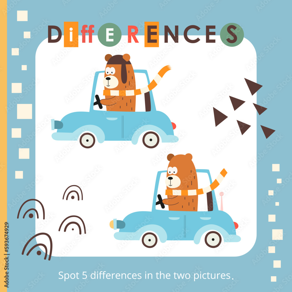 Cute Animals activities for kids. Spot 5 differences. Bear in Car ...