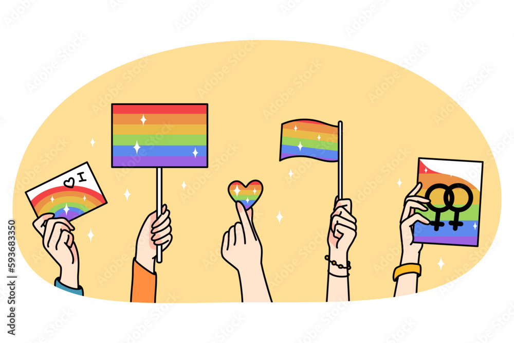 Hands Of Diverse People Hold Lgbt Flags And Banners Celebrate