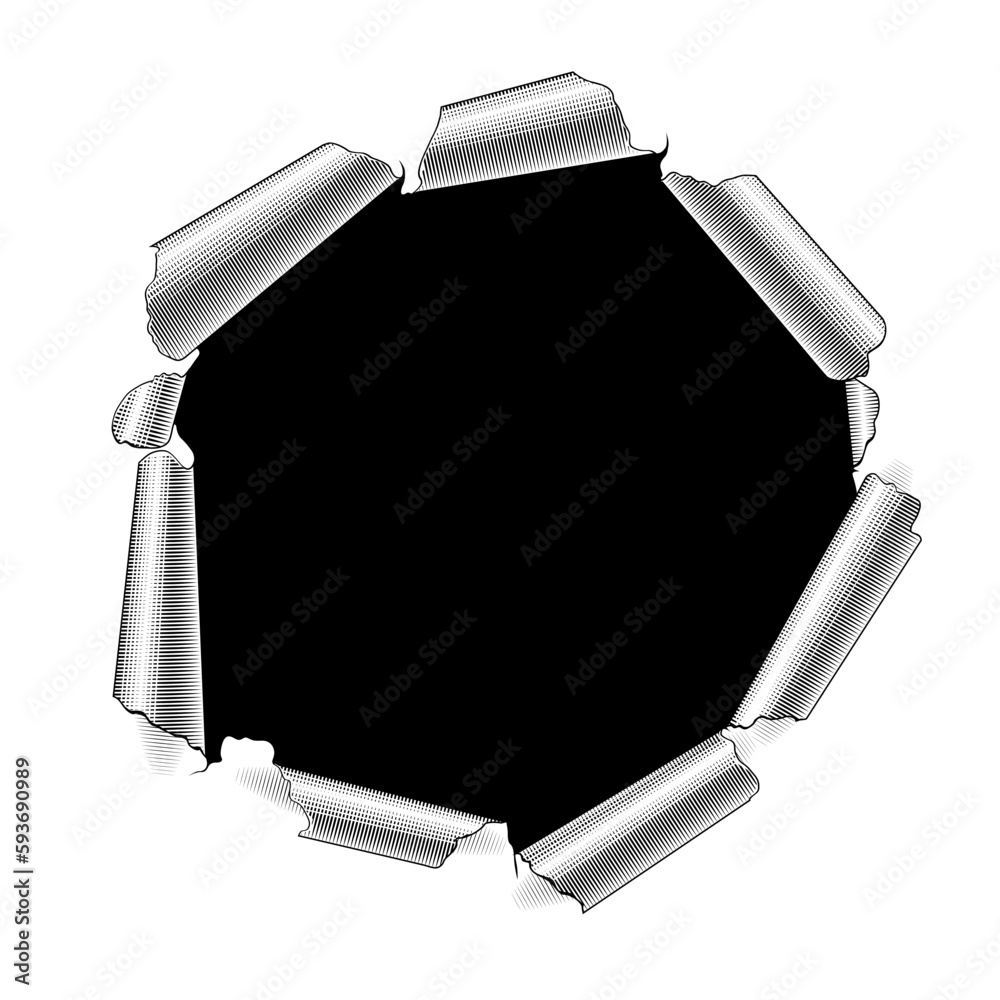 Vintage engraving black and white stylized drawing of torn hole. Vector ...