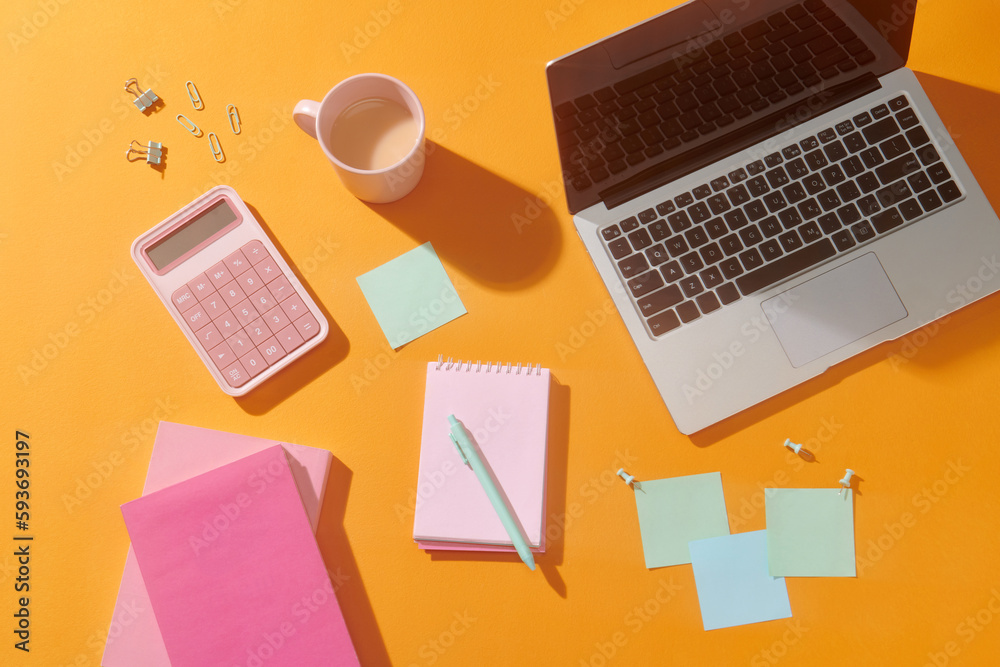 Office desk from top view with space Stock Photo | Adobe Stock