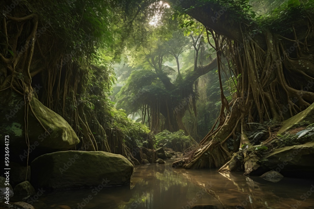 amazon rainforest, tropical vegetation, jungle landscape with creek ...