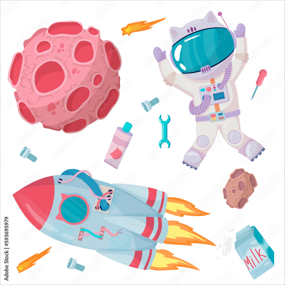 Grafika wektorowa Stock: Astronaut. A set of objects: UFOs, spaceships ... Grafika wektorowa Stock: Astronaut. A set of objects: UFOs, spaceships ...