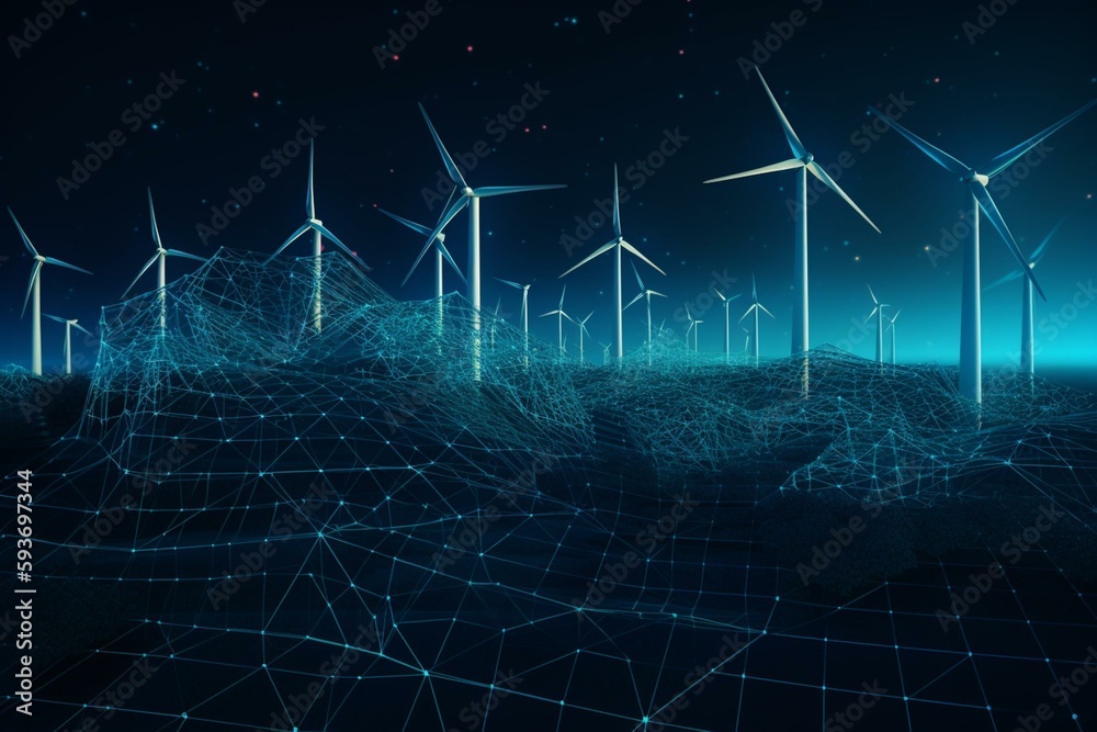 Low polygonal windmill farm with futuristic illumination on a dark blue ...