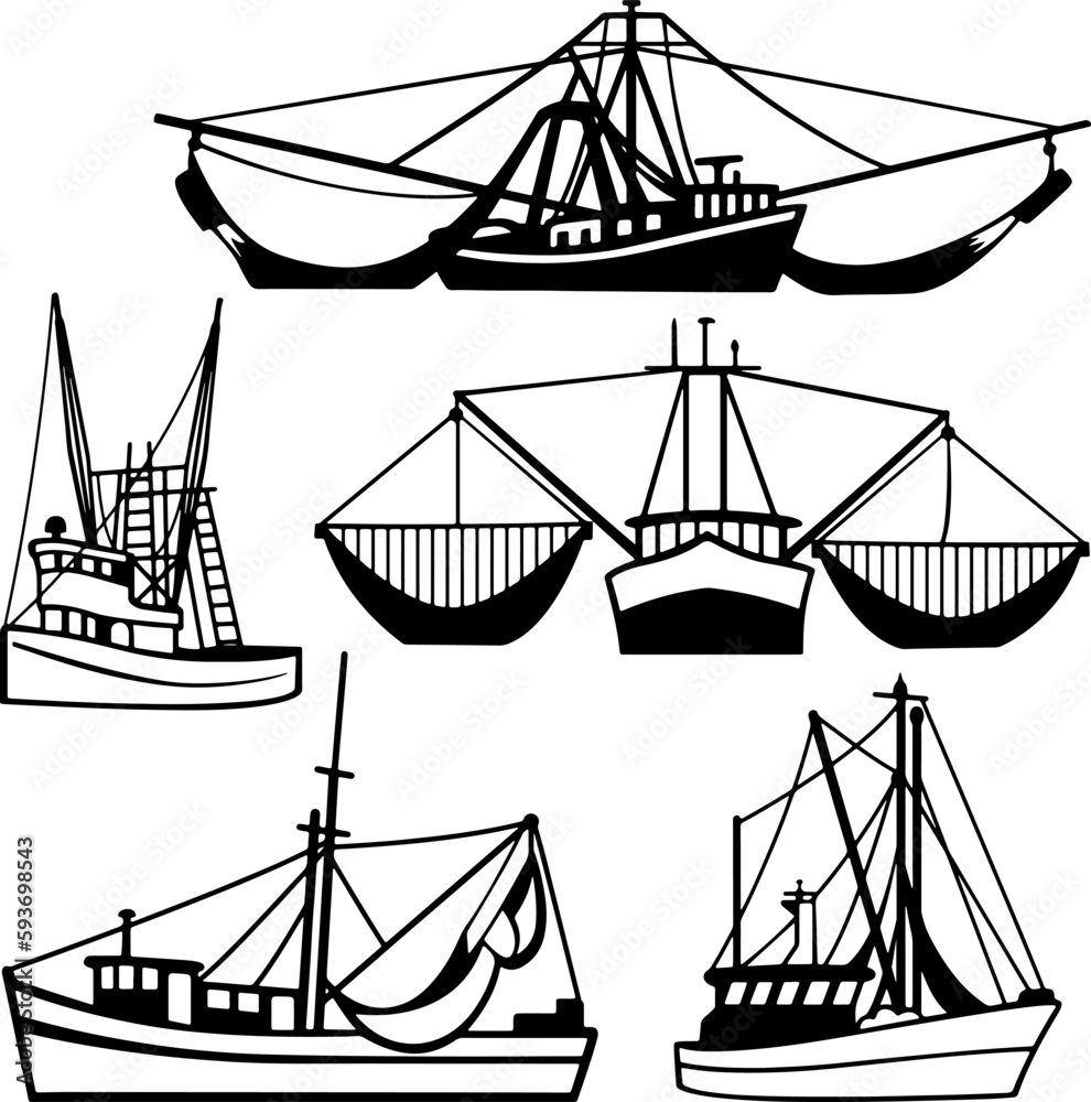 Fishing Trawlers Black white vector outline or line art file for cnc ...