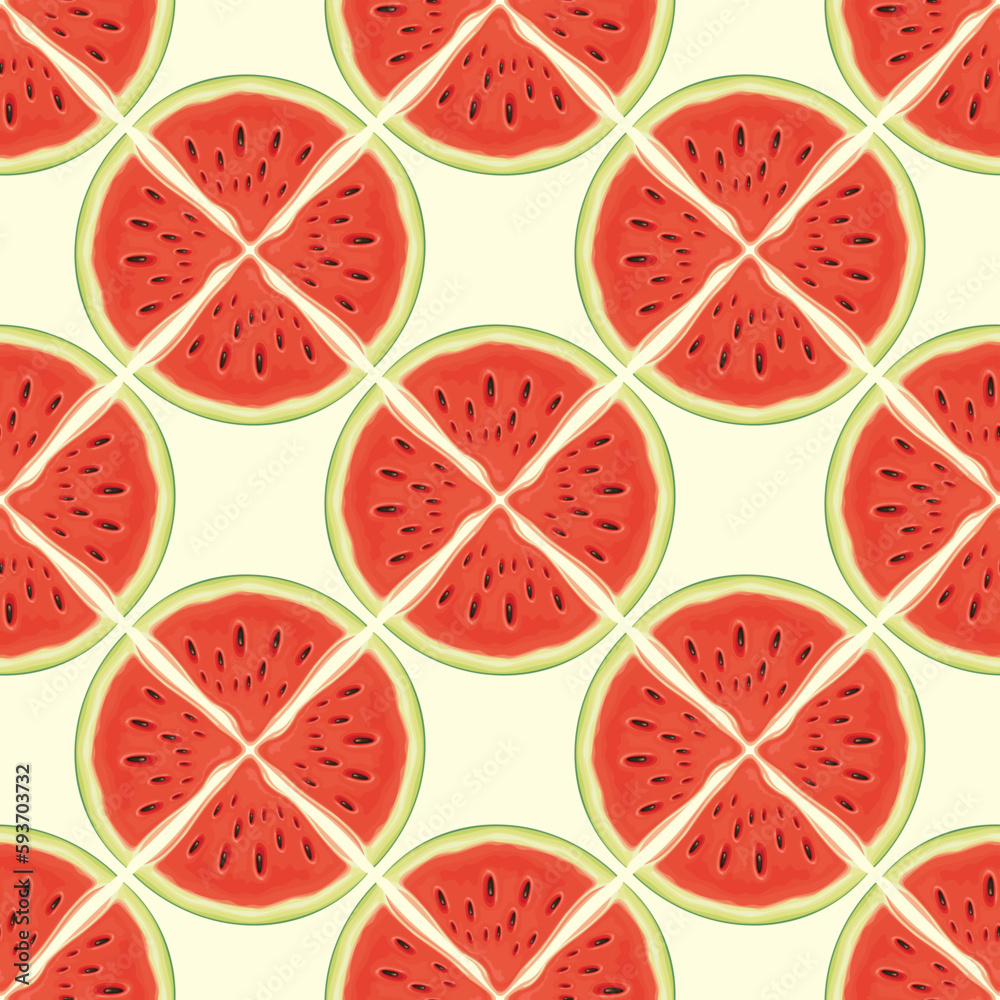 Fruit seamless pattern with an ornament of red sweet watermelon slices ...