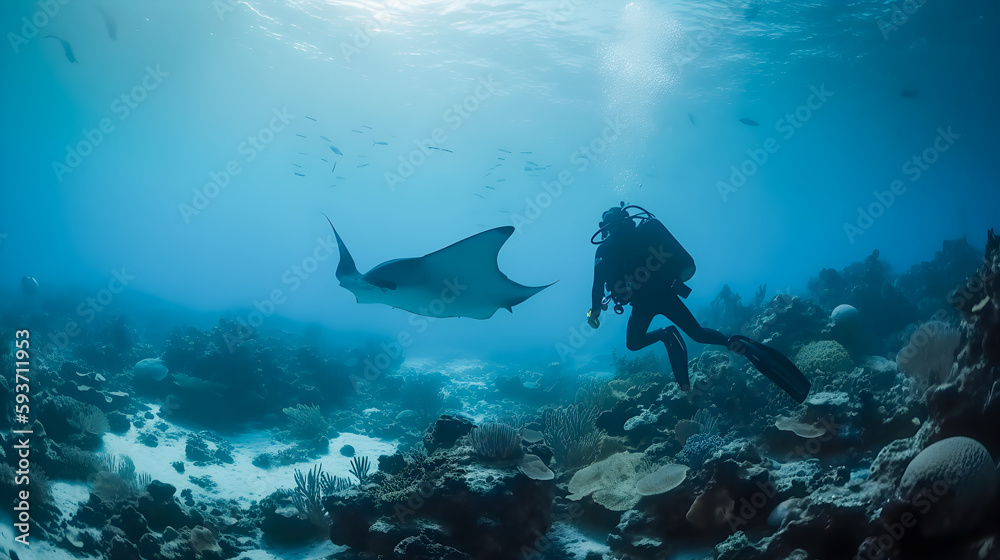 Diver diving in the bottom of the sea with corals, fish and a manta ...