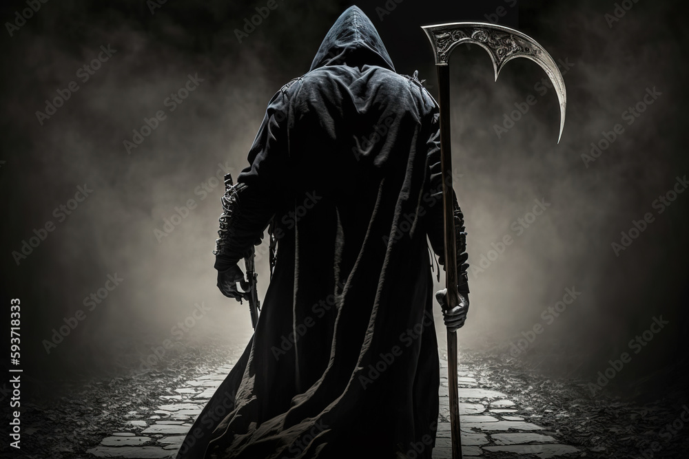 the grim reaper, a man in a black cloak holding a scyth Stock ...