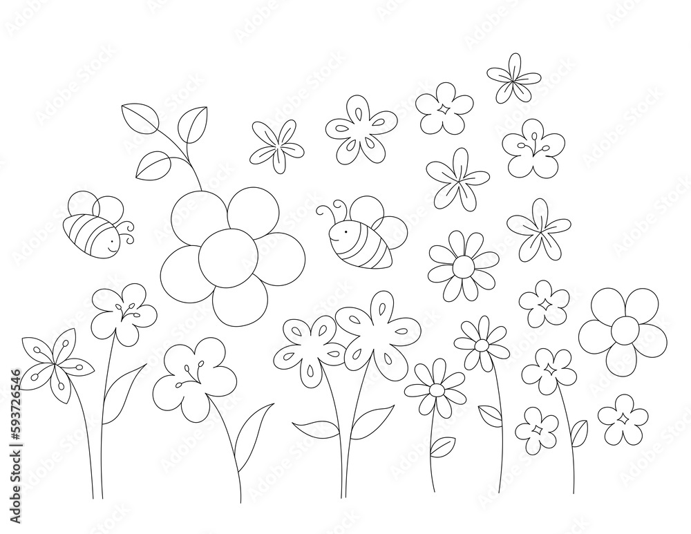 flowers and bees in spring. coloring page that you can print on 8.5x11 ...