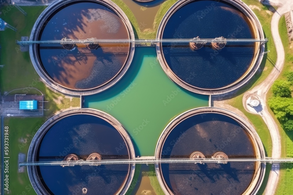 Aerial top view circle water treatment plant circular clarifier, Aerial ...