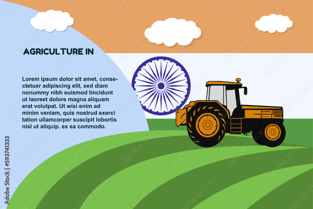 Poster Agriculture in India concept, banner with tractor field and text ...