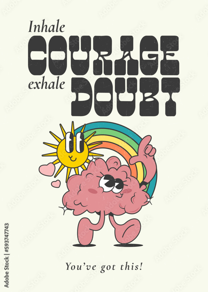 retro poster wall art with a positive quote and cute cartoon characters ...