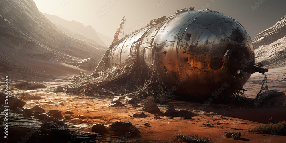 Crash landing on an alien planet: a stranded rocket ship in an oil ...