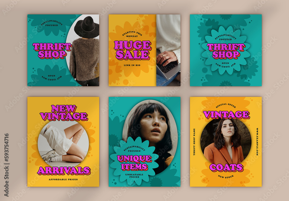 Set of Bright Social Media Posts with Floral Illustrations Stock ...