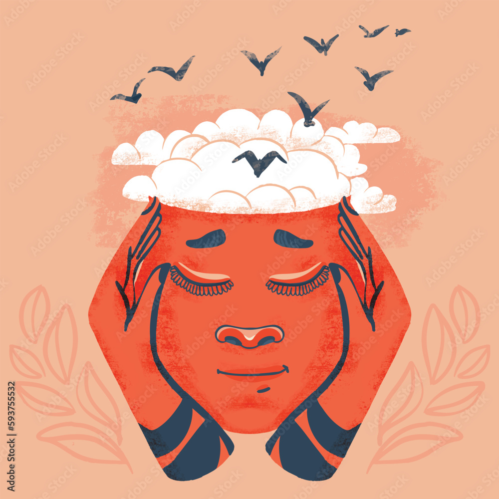 Human head with brain-shaped clouds. Flying birds as a symbol of dreams ...