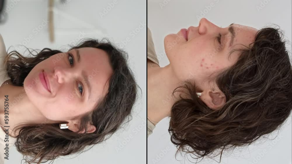 Vertical video. Two faces of young caucasian woman show real result ...
