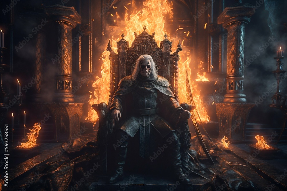 Dark king sitting on his throne, surrounded by bright flames ...