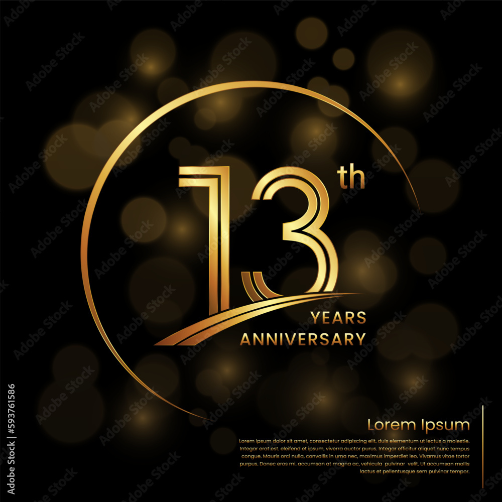 13th Anniversary logo design with double line numbers. Golden ...