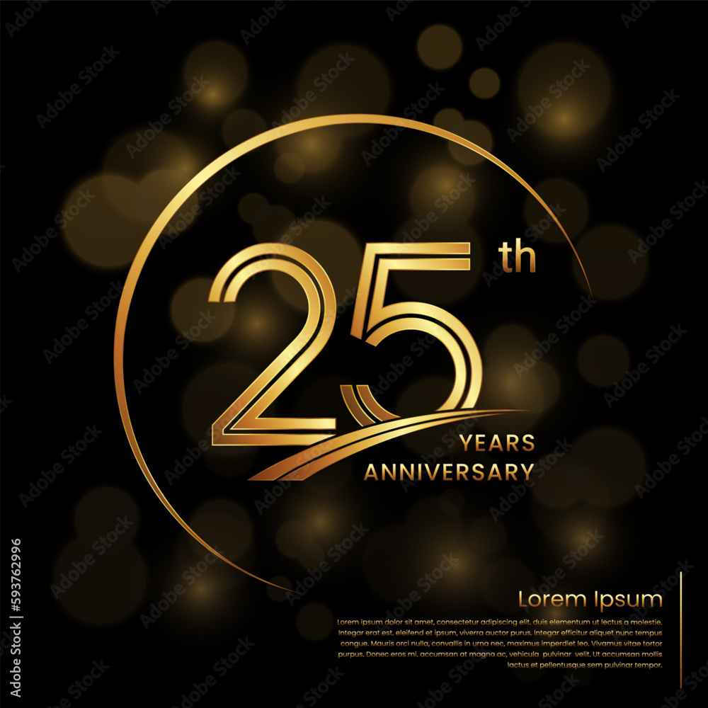 25th Anniversary logo design with double line numbers. Golden ...