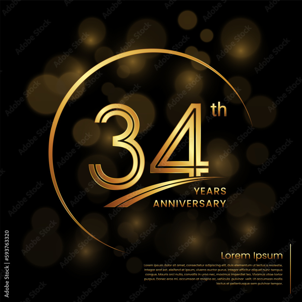 34th Anniversary logo design with double line numbers. Golden ...