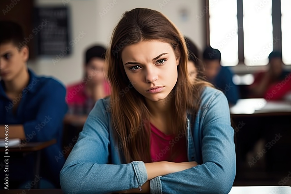 frustrated teenage girl sitting at her classroom desk, Generative AI ...