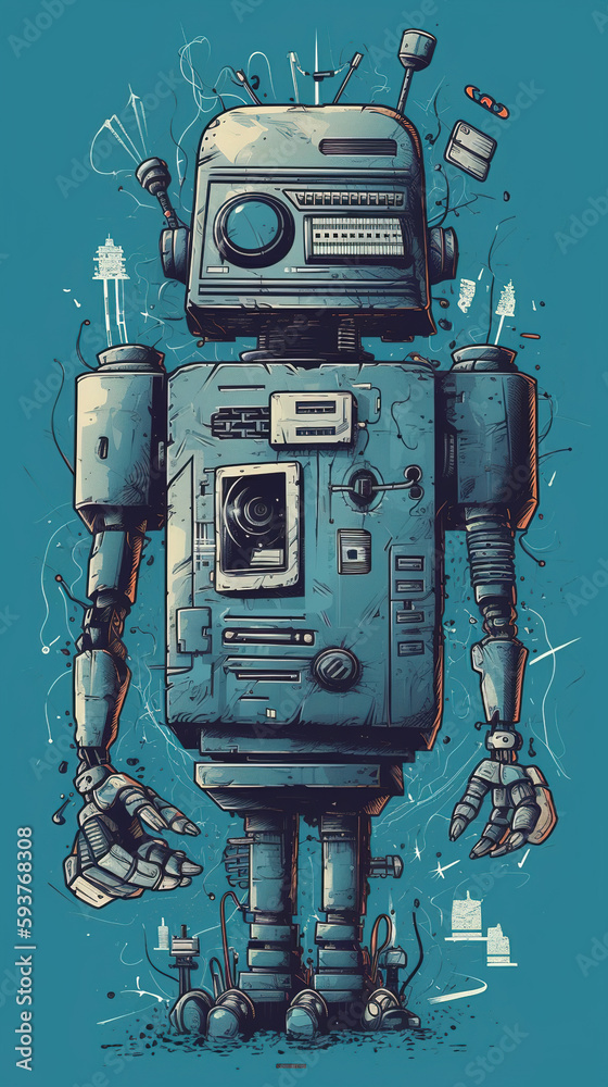 blueprint for a light blue robot / android, mechanism, inspired by ...