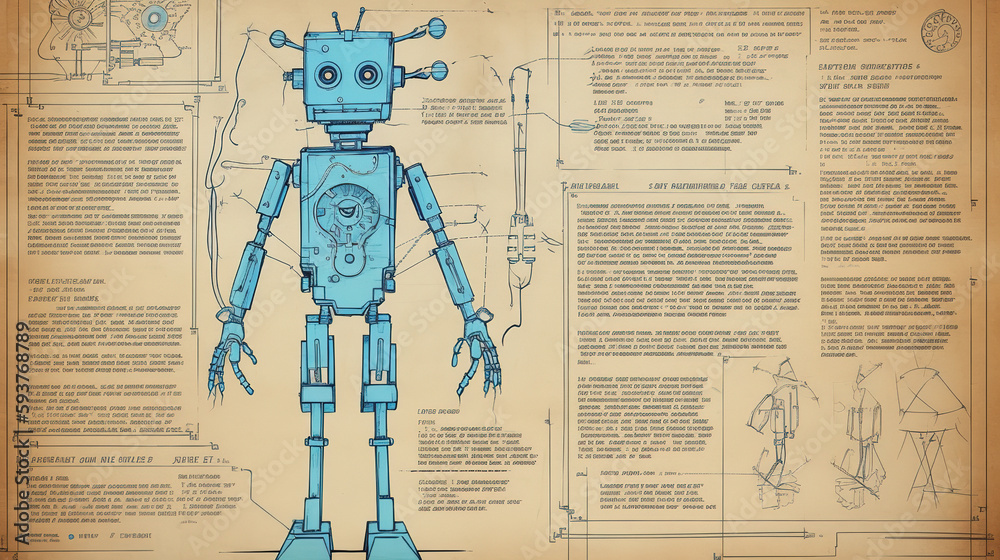blueprint for a light blue robot / android, mechanism, inspired by ...