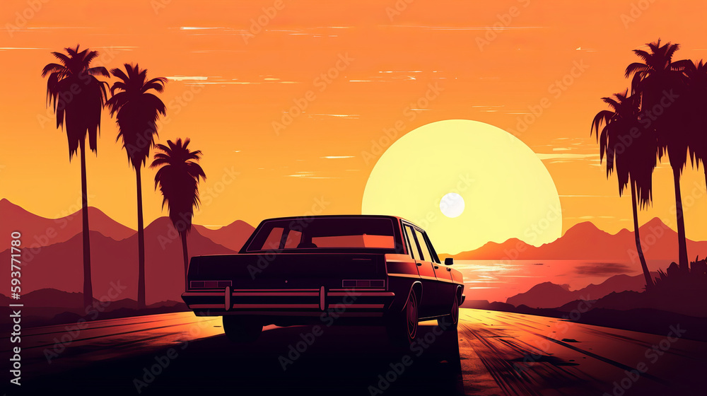 California style car at sunset background illustration. orange. sun ...