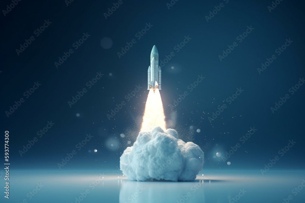 Launching rocket on wide blue background with mock up place. Start up ...