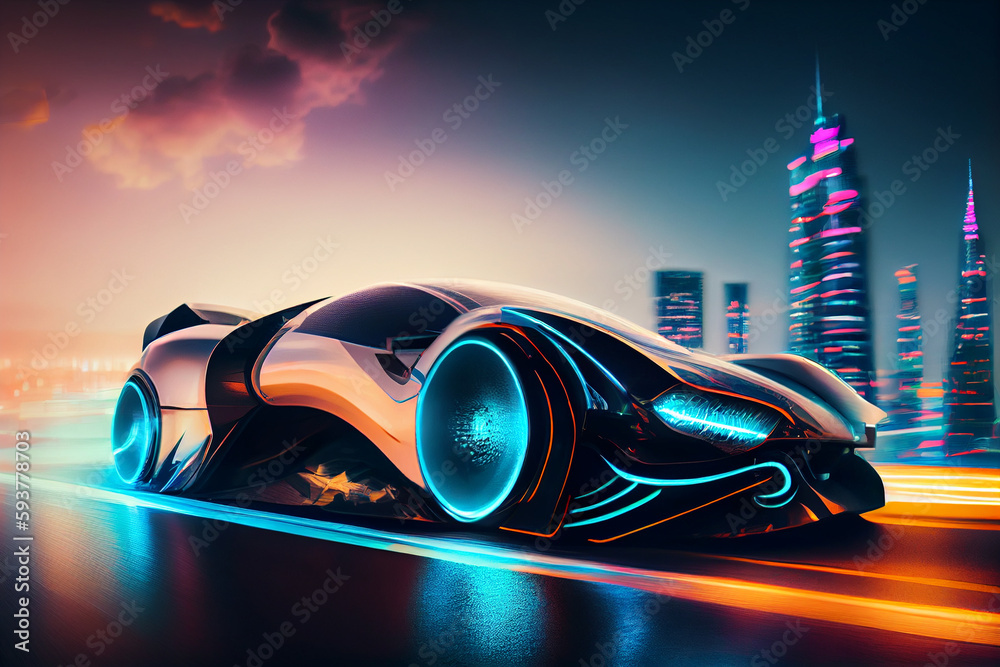 Cyberpunk futuristic Sports Car On Neon Highway. Powerful acceleration ...