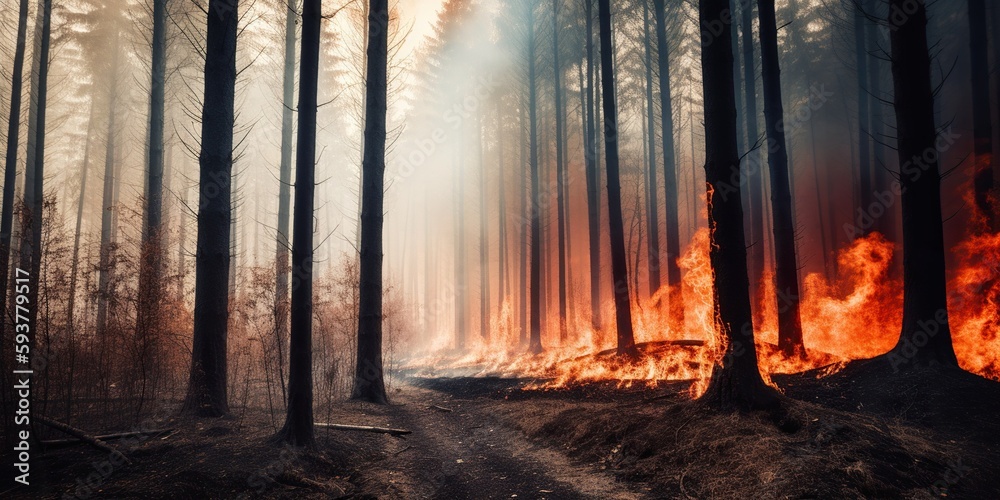 A burning forest, emphasizing the consequences of unchecked wildfires ...