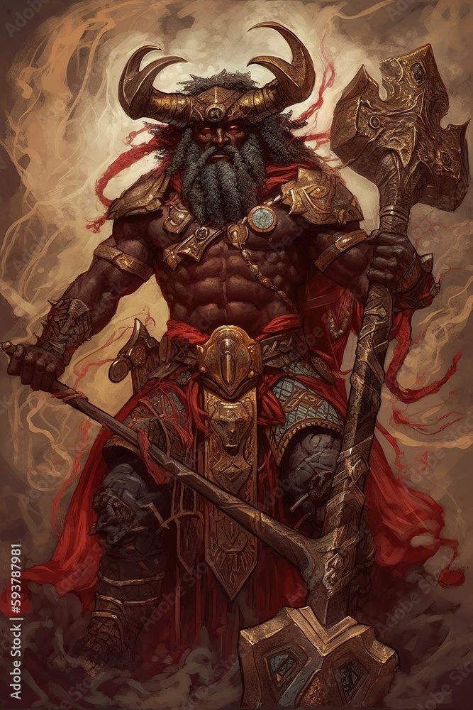 Fantastic very powerful and muscular African god or warrior yielding an ...